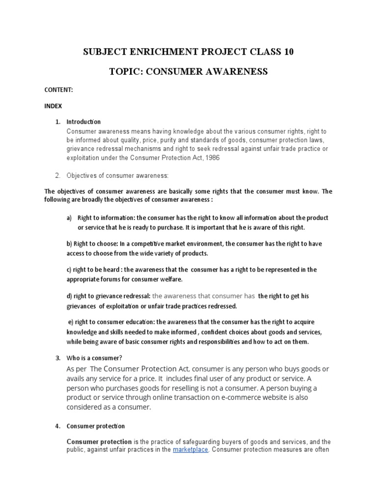 Class 10 Consumer Awareness Project | PDF | Consumer Protection | Business