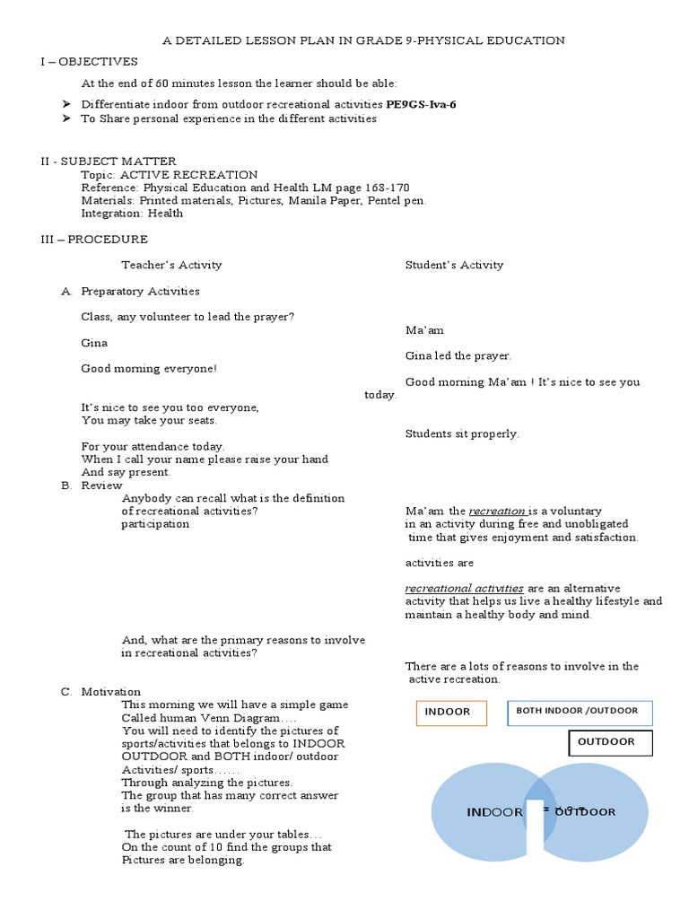 Grade 9 PE Lesson Plan: Indoor vs Outdoor Activities | PDF | Recreation ...