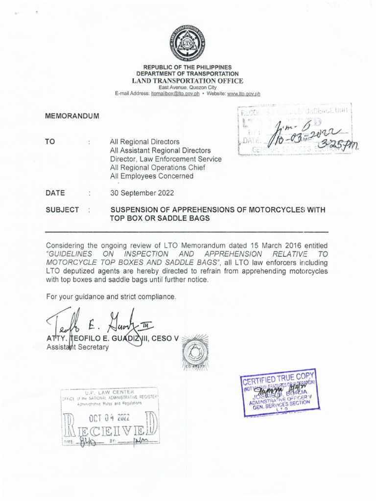 Memo 09302022 | PDF | Vehicles | Motor Vehicle