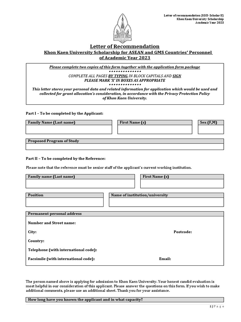 KKU Scholar II Letter of Recommendation 2023 | PDF