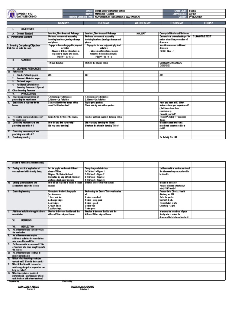 Grade 3 MAPEH Daily Lesson Log Week 4 | PDF | Teachers | Behavior ...