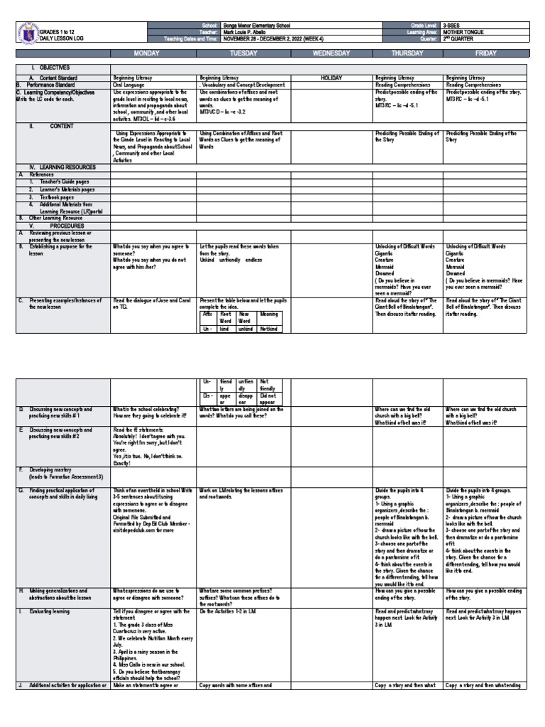 DLL - MTB 3 - Q2 - W4 | PDF | Literacy | Reading Comprehension
