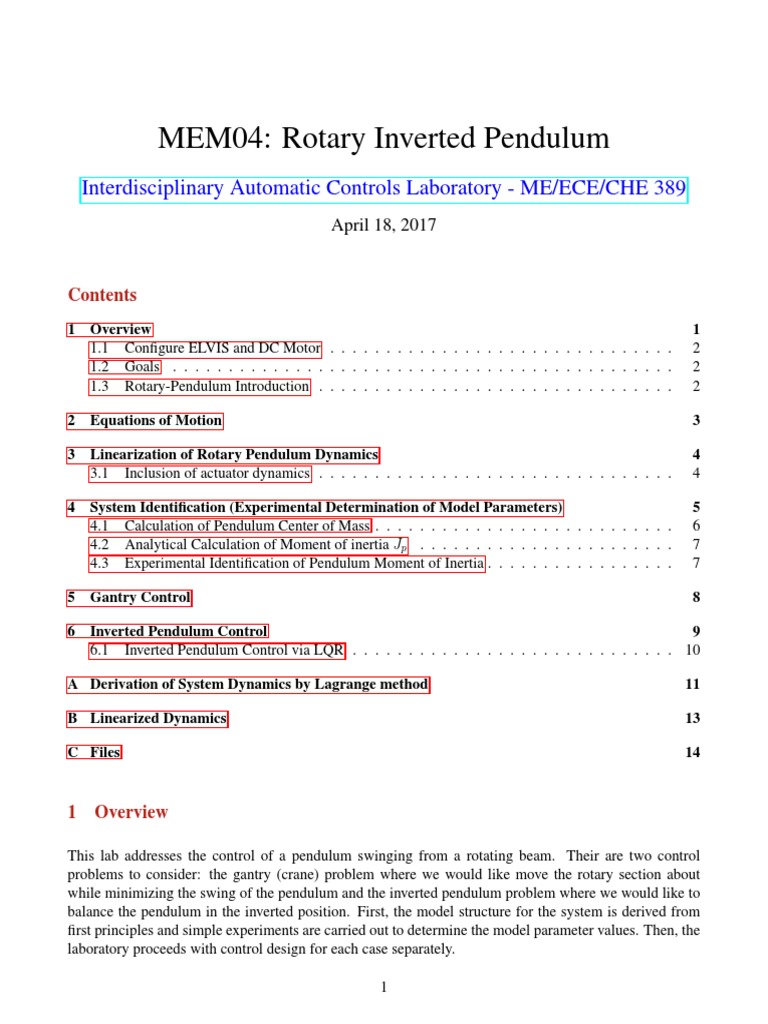 Rotary Inverted Pendulum Control Lab | PDF