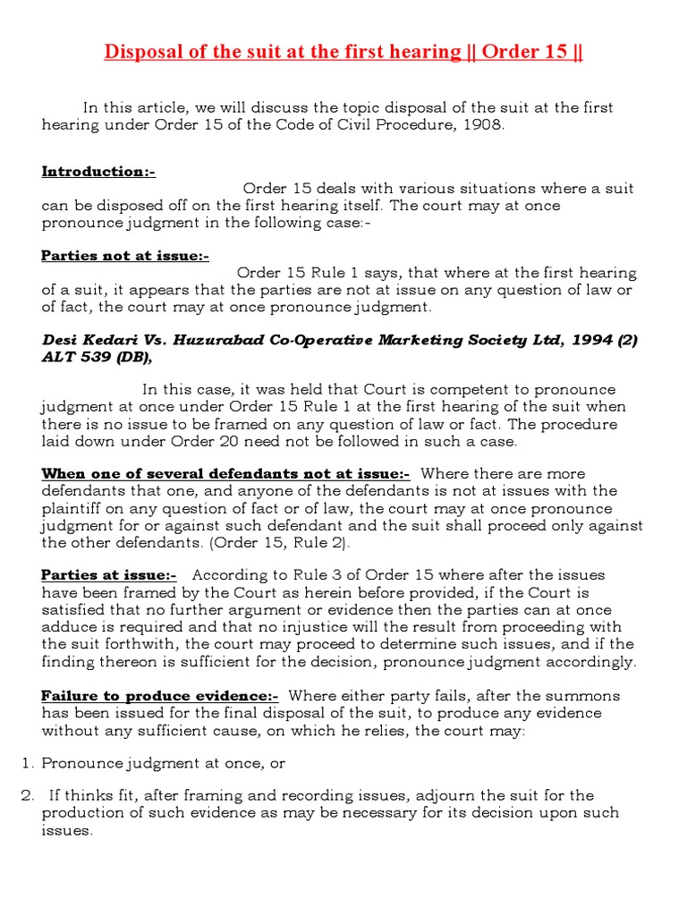 Disposal of The Suit at The First Hearing ORDER 15 | PDF