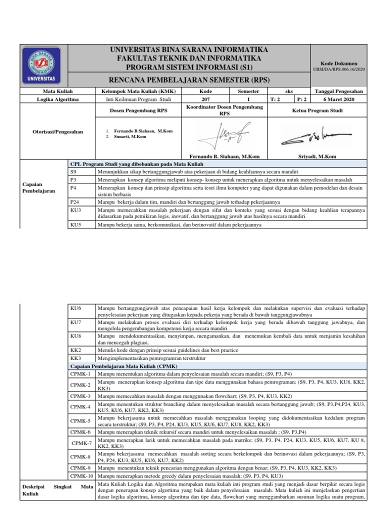 RPS Logika dan Algoritma S1 UBSI | PDF