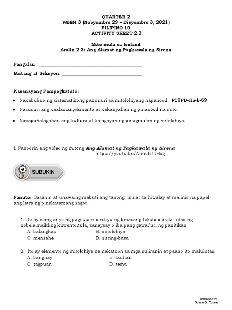 Q2W3 - Activity Sheet 2.3 - Ang Alamat NG Pagkawala NG Sirena | PDF