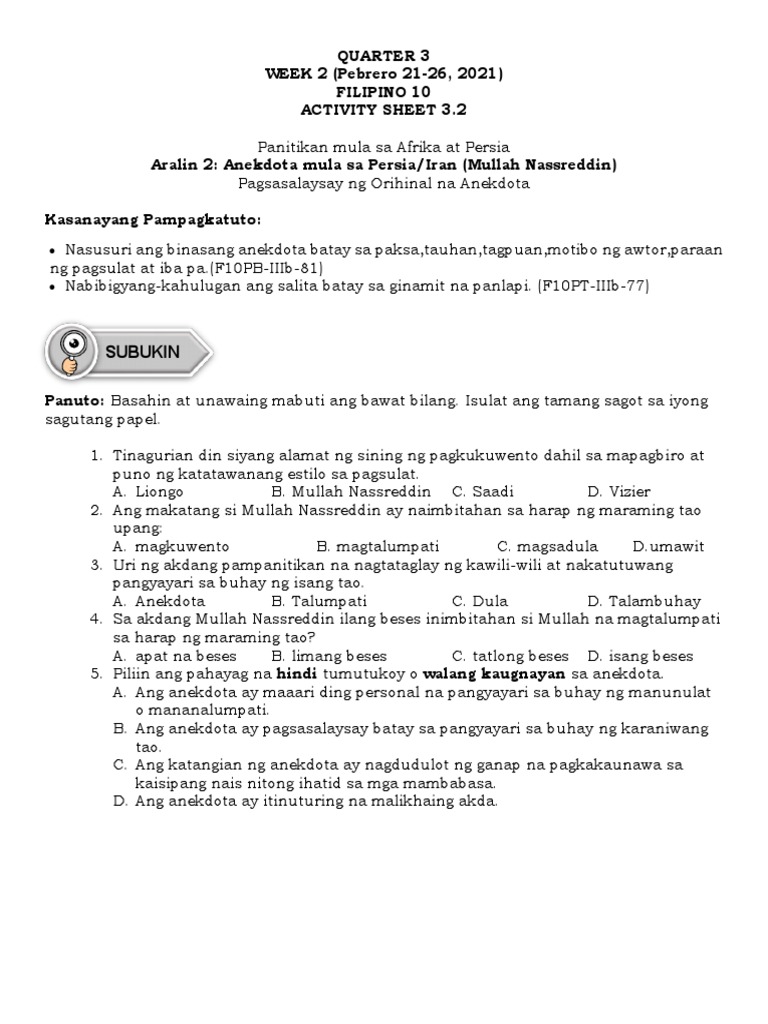 Q3W2 - Activity Sheet 3.2 - Mullah Nassreddin | PDF