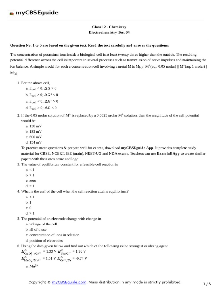 12 Chemistry Electrochemistry tp04 | PDF | Electrochemistry | Anode