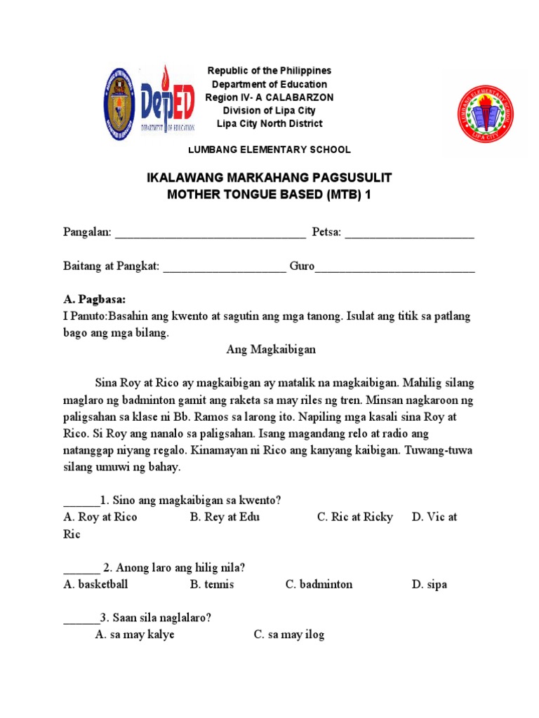 MTB 1 - Q2 2nd Grading Exam | PDF