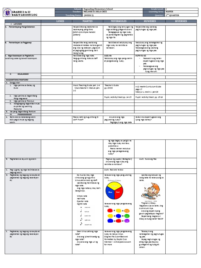 DLL - Mapeh 1 - Q2 - W3 | PDF