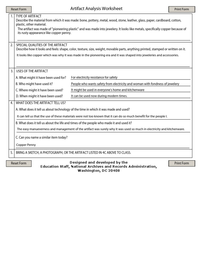 Artifact Analyis Sheet | PDF