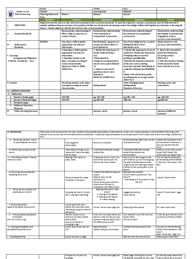 DLL English Quarter 2 WEEK 1-9 | PDF | Learning | Curriculum