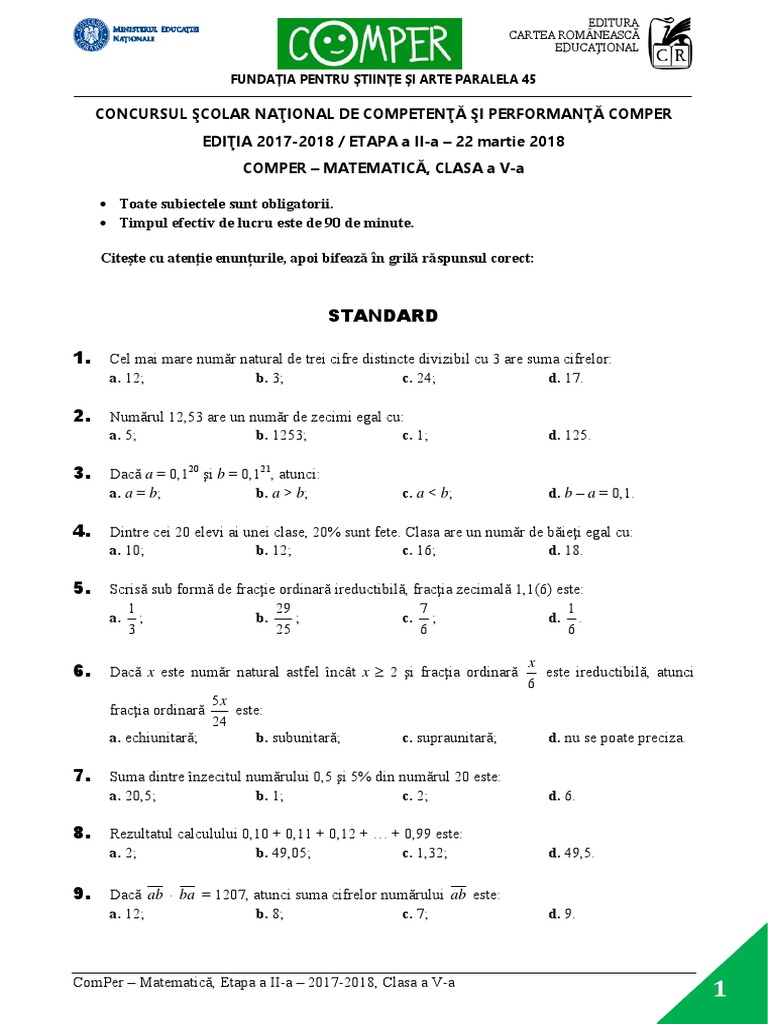 Subiect Comper Matematica EtapaII 2017 2018 ClasaV | PDF