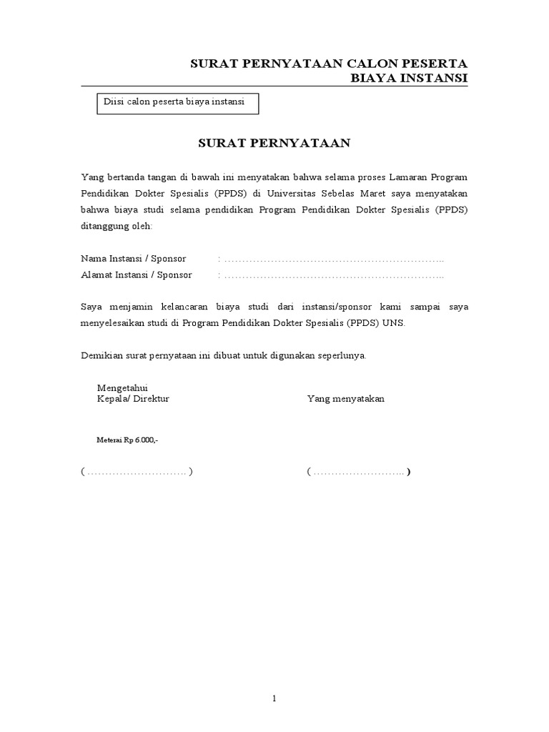 FORM Pembiayaan Studi PPDS | PDF