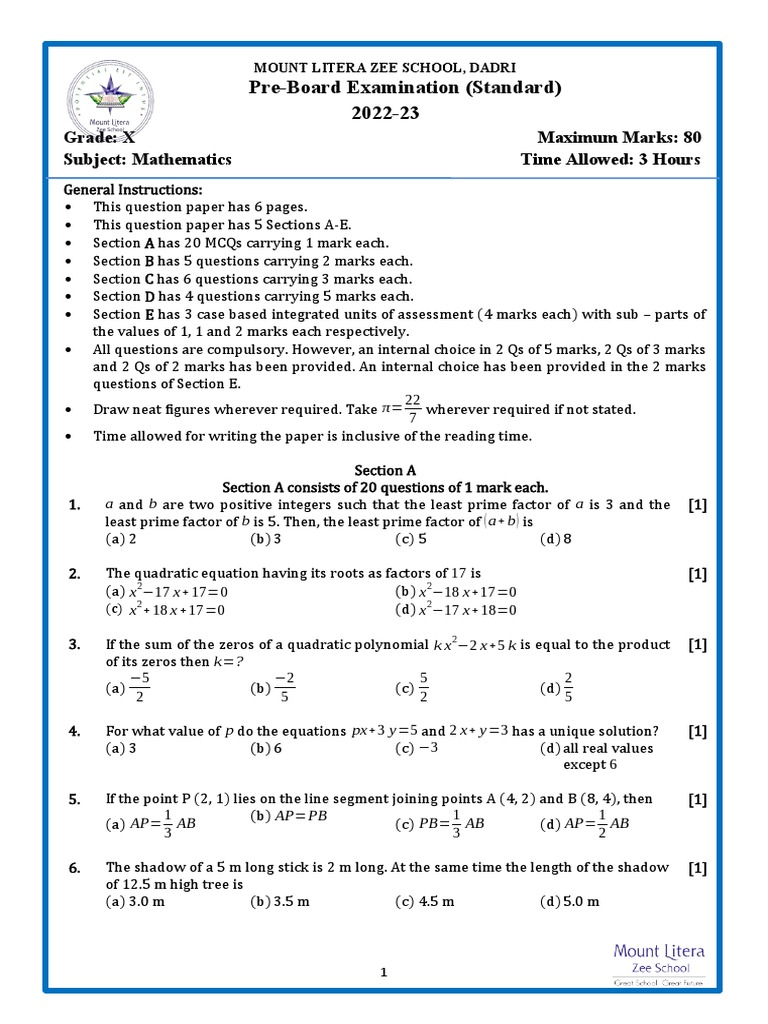 CB G10 Math PreBoard Standard PP QP | PDF | Triangle | Elementary Mathematics