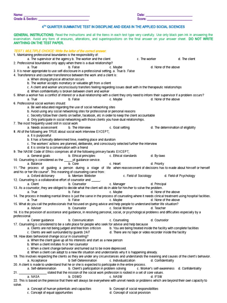 4 Quarter Summative Test in Discipline and Ideas in The Applied Social ...