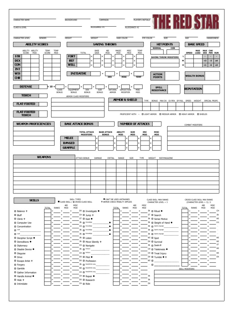 The Red Star - Character Sheet - Ozmondi (d20 Modern) | PDF