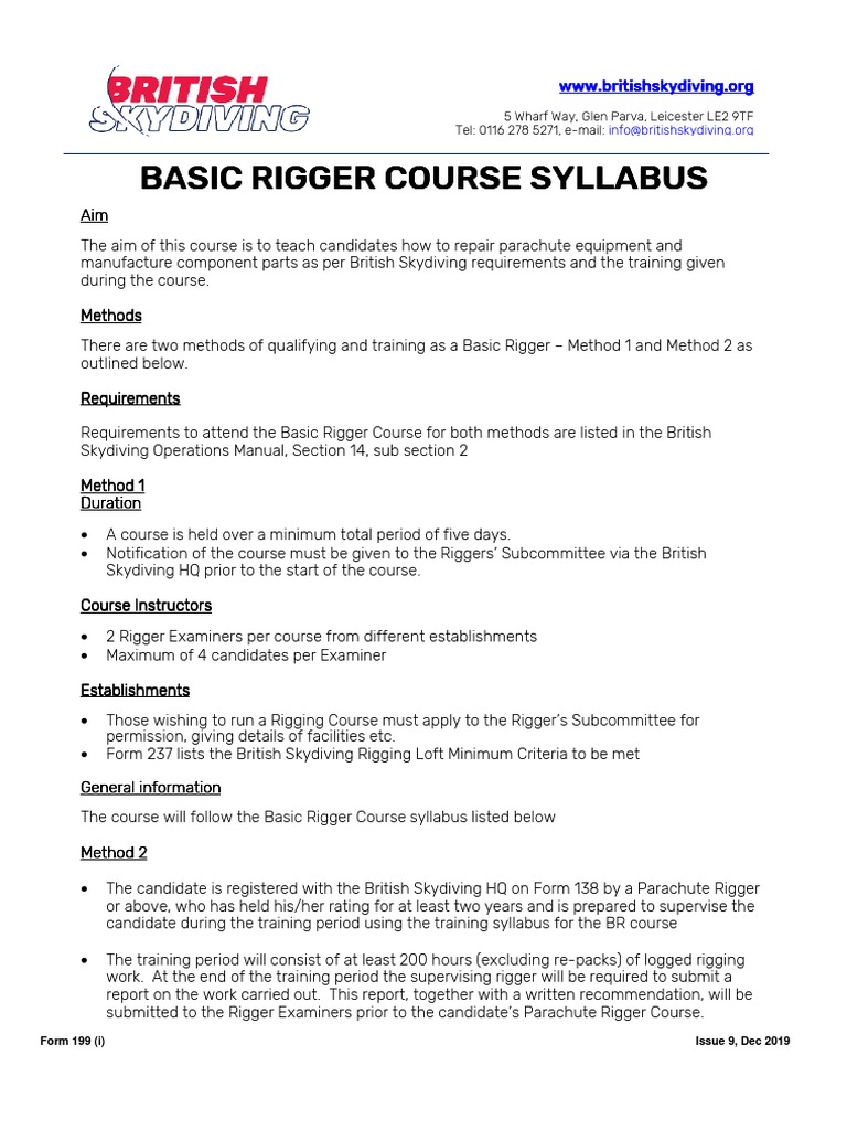 Form 199 Basic Riggers Course Syllabus | PDF | Parachuting | Parachute