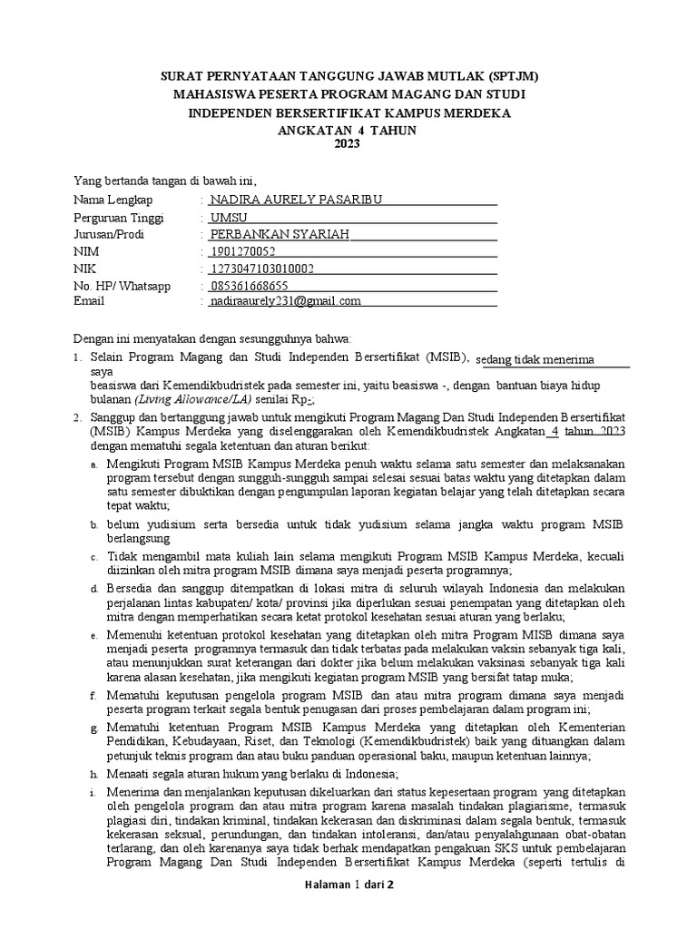 SPTJM - Mahasiswa MSIB Angkatan 4 | PDF | Pengembangan Diri