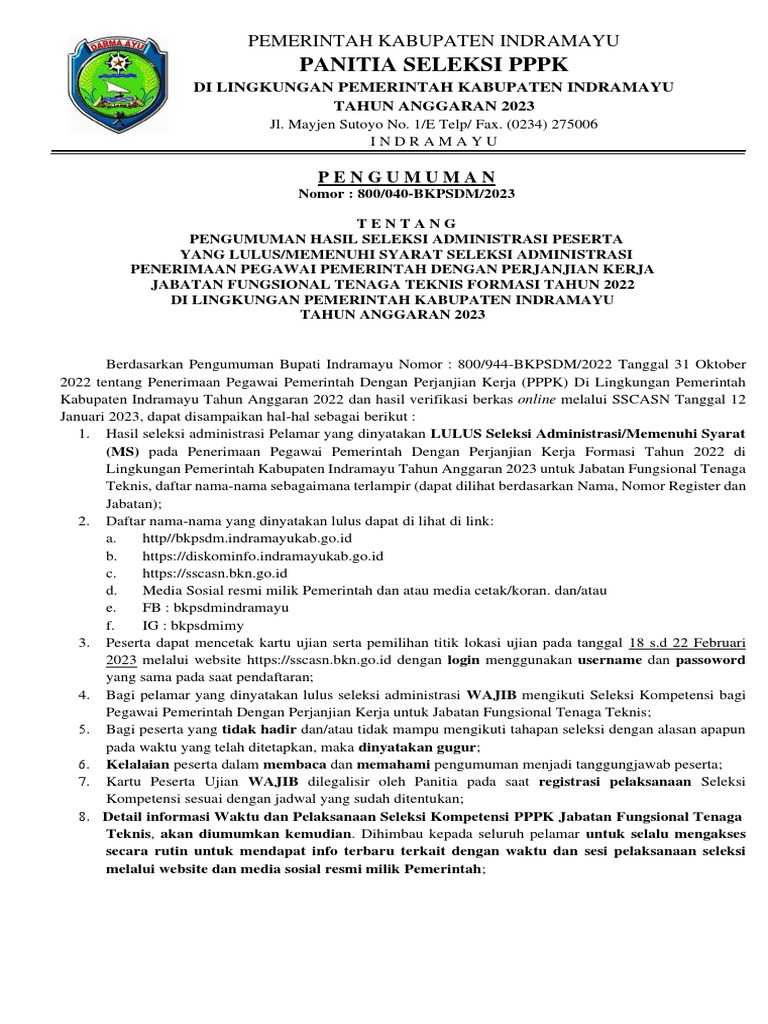 Pengumuman Hasil Seleksi Administrasi JF PPPK Tenaga Teknis Ta. 2022 Fix | PDF