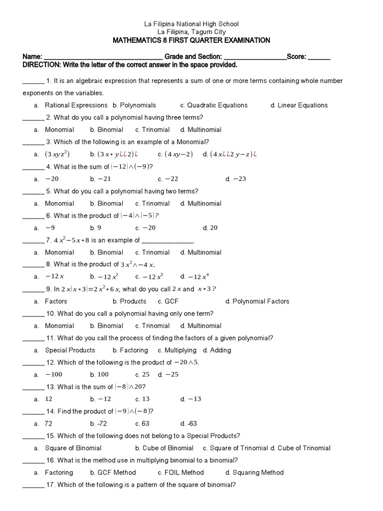 Q1 Exam | PDF | Polynomial | Factorization