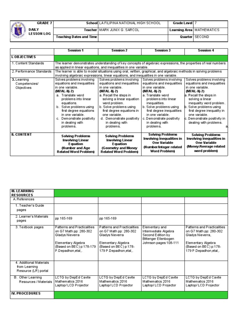 Grade 7 DLL 2nd Quarter WEEK 10 | PDF | Equations | Mathematics