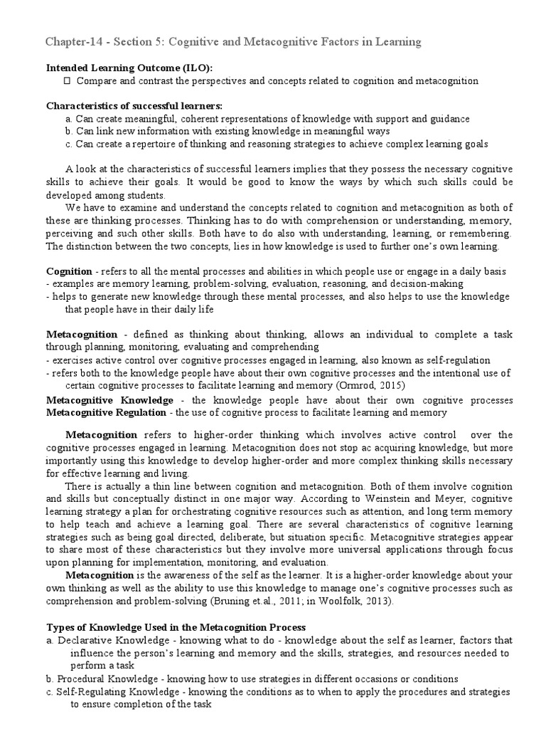 Chapter 14 Section 5 Cognitive and Metacognitive Factors in Learningchapter 14 Comparison | PDF ...