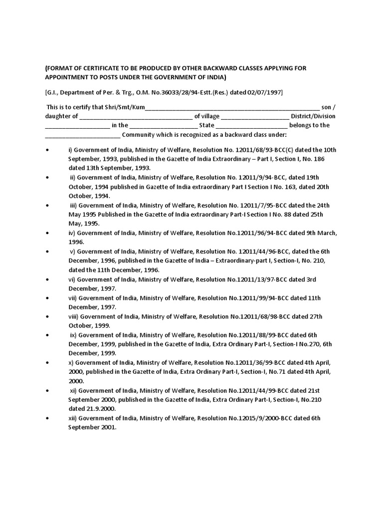 Format For OBC Non Creamy Layer Certificate | PDF | Magistrate | Government Of India