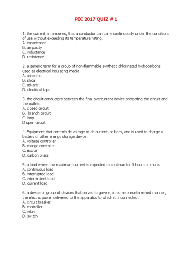 PEC 2017 Quiz 1 | PDF | Fuse (Electrical) | Electrical Wiring