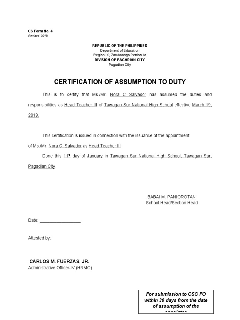 Certification of Assumption to Duty as Head Teacher | PDF