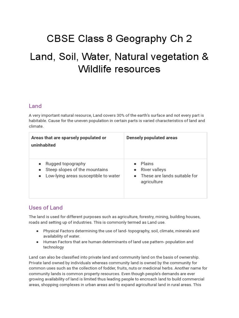 CBSE Class 8 Geography CH 2 Land, Soil, Water, Natural Vegetation & Wildlife Resources | PDF ...