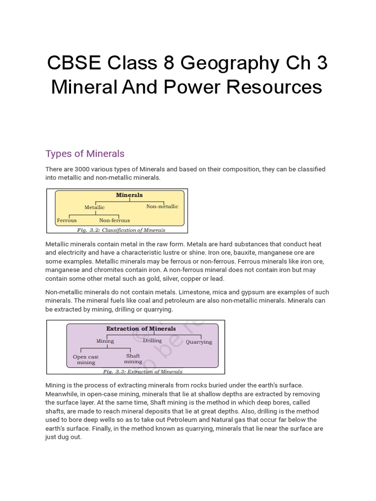 CBSE Class 8 Geography CH 3 Mineral and Power Resources | PDF | Petroleum | Minerals
