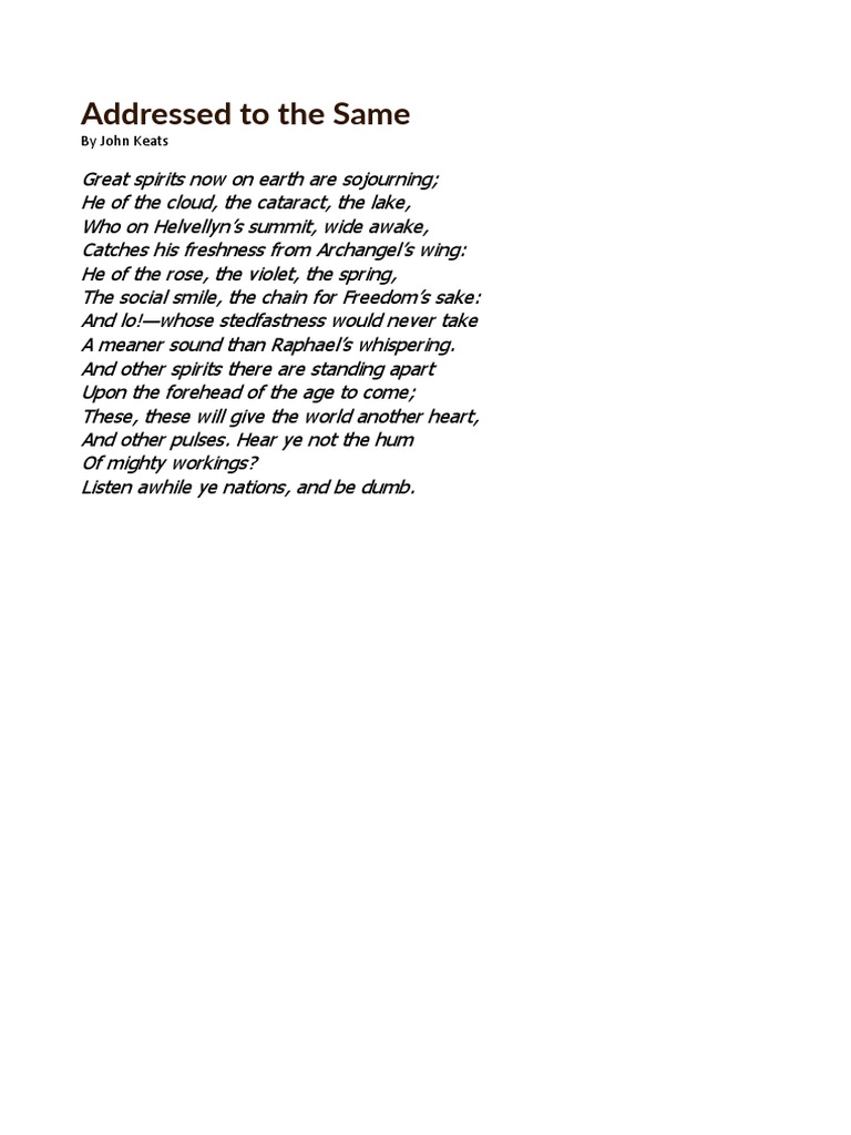 KEATS Addressed To The Same | PDF