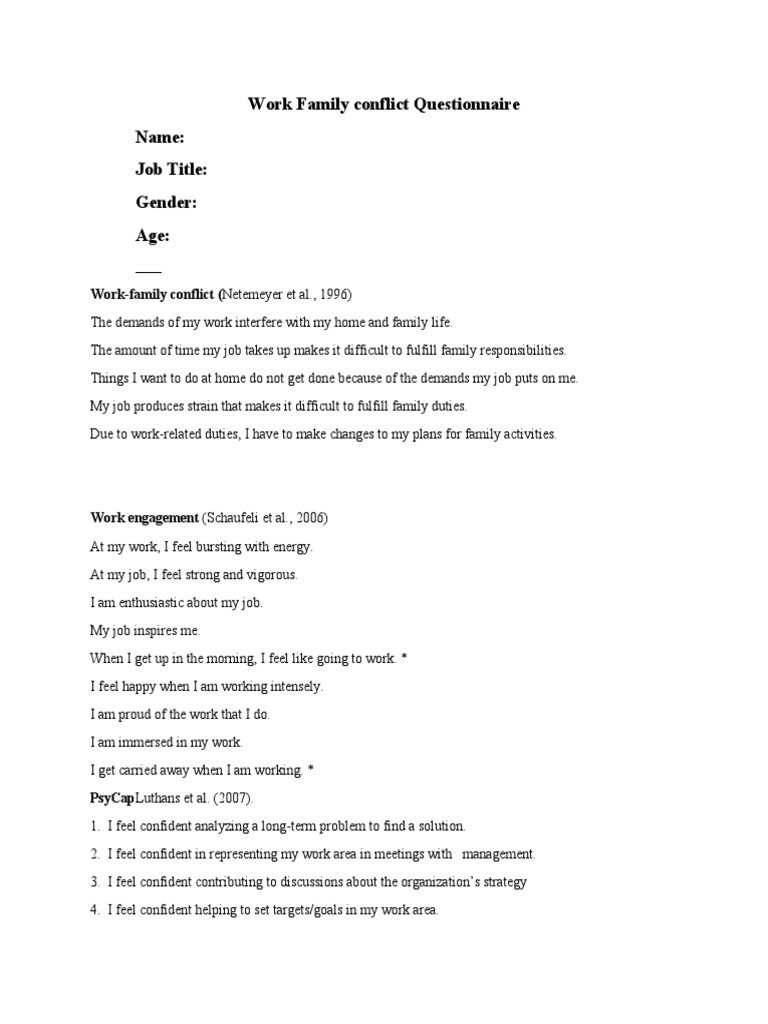 Work Family Conflict Questionnaire | PDF | Cognitive Science | Business
