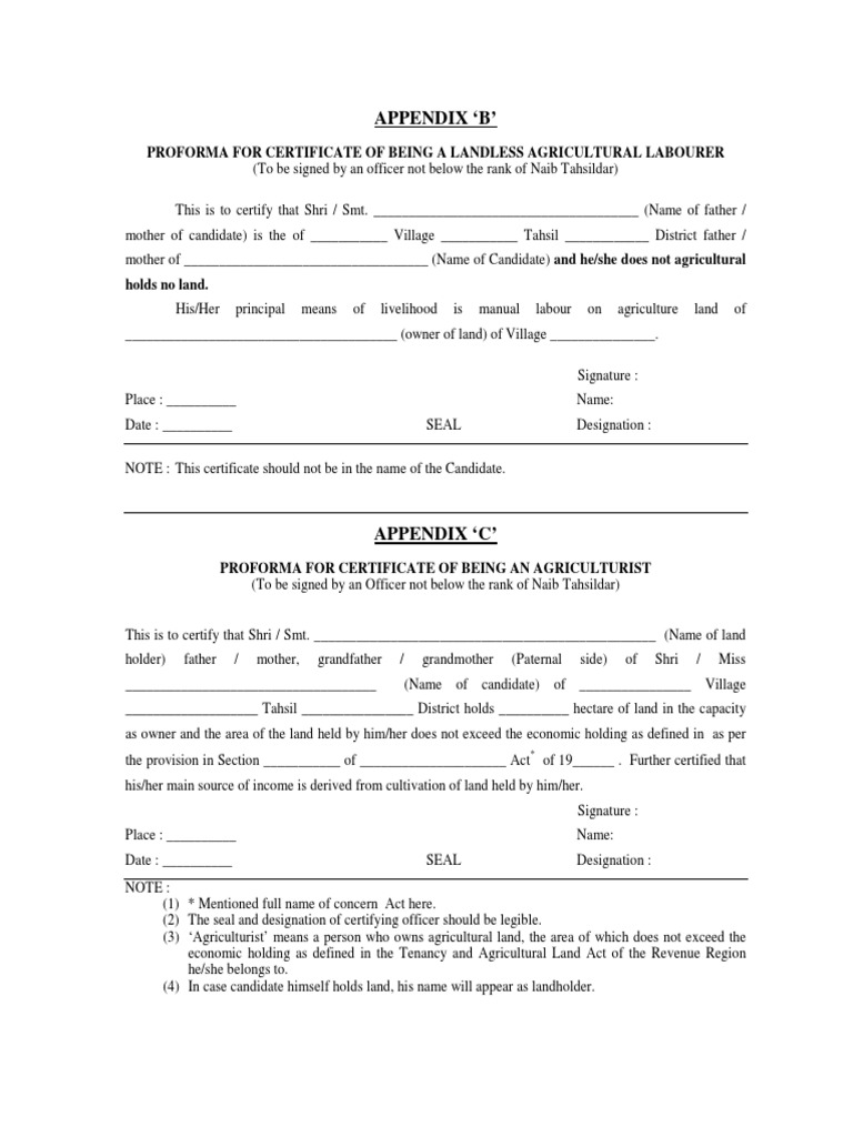 Appendix B': Proforma For Certificate of Being A Landless Agricultural Labourer | PDF