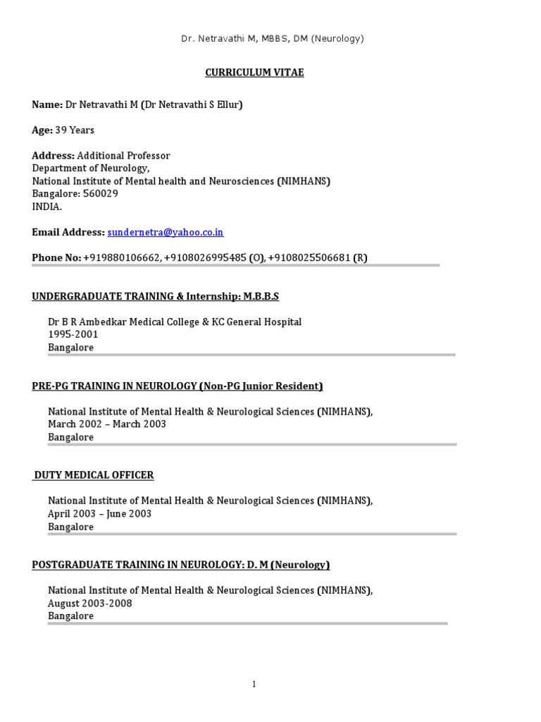 CURRICULUM VITAE Netra June 2017 | PDF | Neurology | Health Sciences