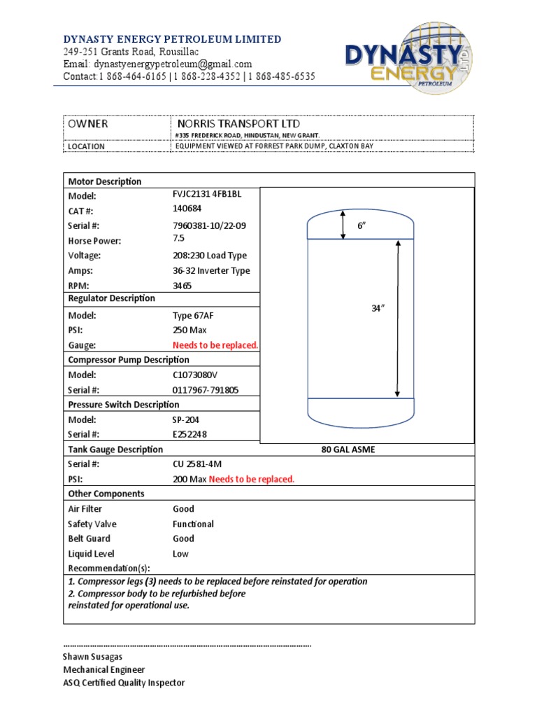 Equipment Inspection Report for an Air Compressor Belonging to Norris ...