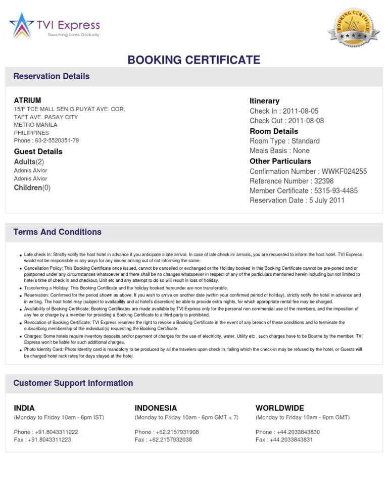 Booking Certificate for Adonis Alvior | PDF | Cheque | Fee
