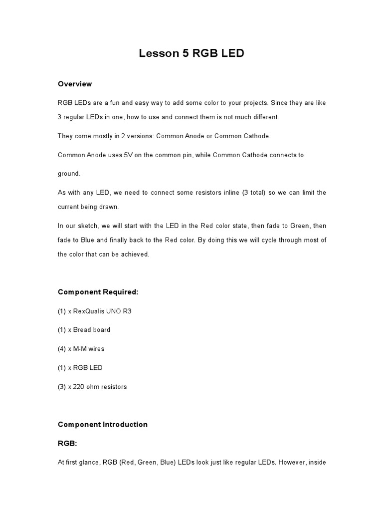 Lesson 5 RGB LED | PDF | Light Emitting Diode | Rgb Color Model