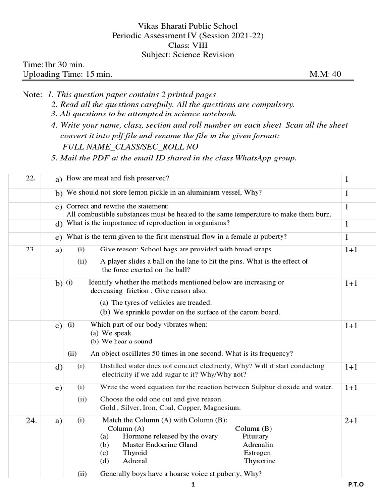 Class VIII Science Revision Assessment | PDF | Chemistry