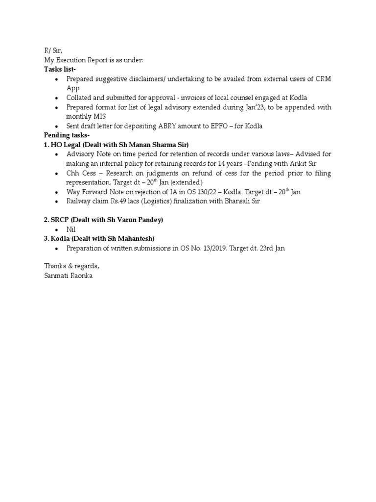 Execution Report - SR - 20.1.2022 | PDF | Finance & Money Management