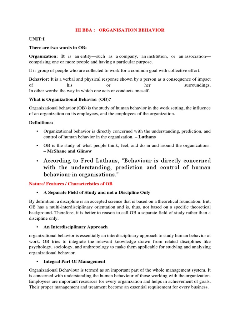 Unit - I Introduction To Organisation Behavior Notes-1 | PDF ...