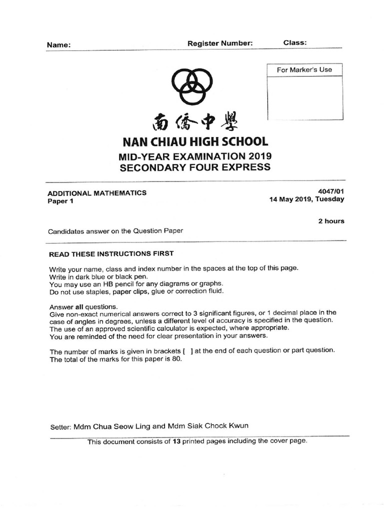 2019 Sec 4 A Math SA1 Nan Chiau High (Worked Solutions) | PDF