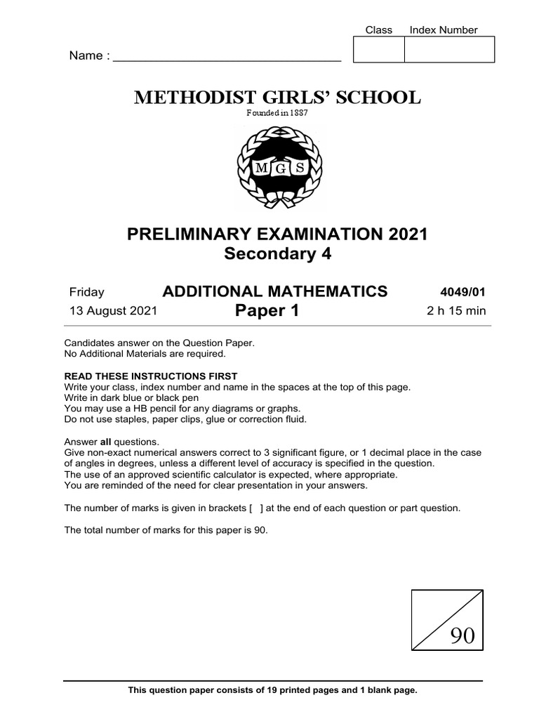 Sec 4 Additional Math Prelim Exam 2021 | PDF | Quadratic Equation ...