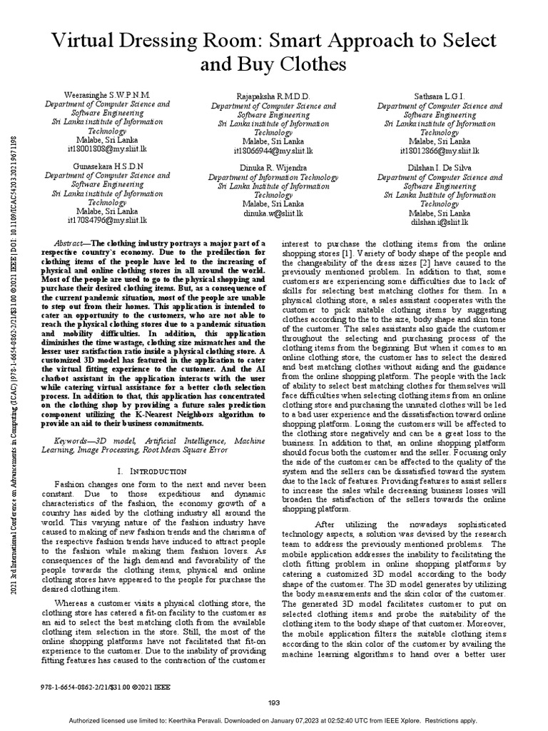 Virtual Dressing Room Smart Approach To Select and Buy Clothes | PDF | Machine Learning | Computing