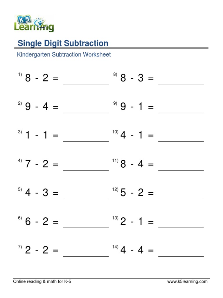 Kindergarten Subtraction of Two 1 Digit Numbers h2 | PDF