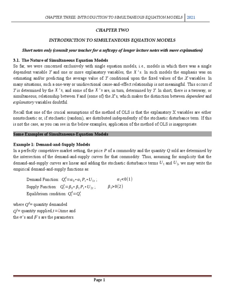 CH-2 Simultaneous Equation Models Short Handout | PDF | Endogeneity ...