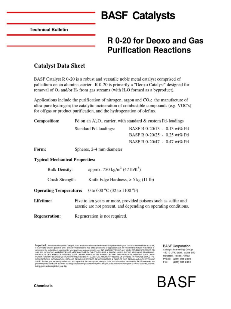 BASF R0-20 Data Sheet | PDF | Catalysis | Chemical Process Engineering