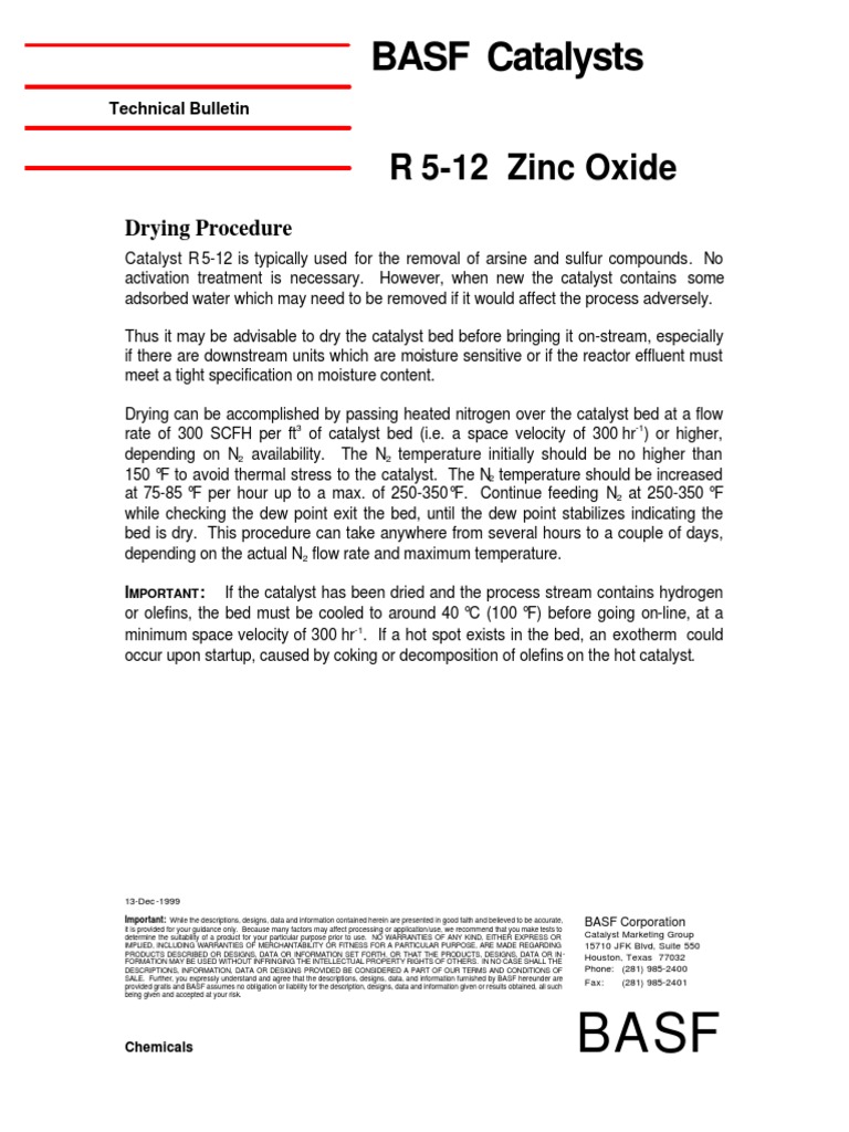 BASF R 5-12 Catalyst Drying Procedure | PDF | Catalysis | Implied Warranty