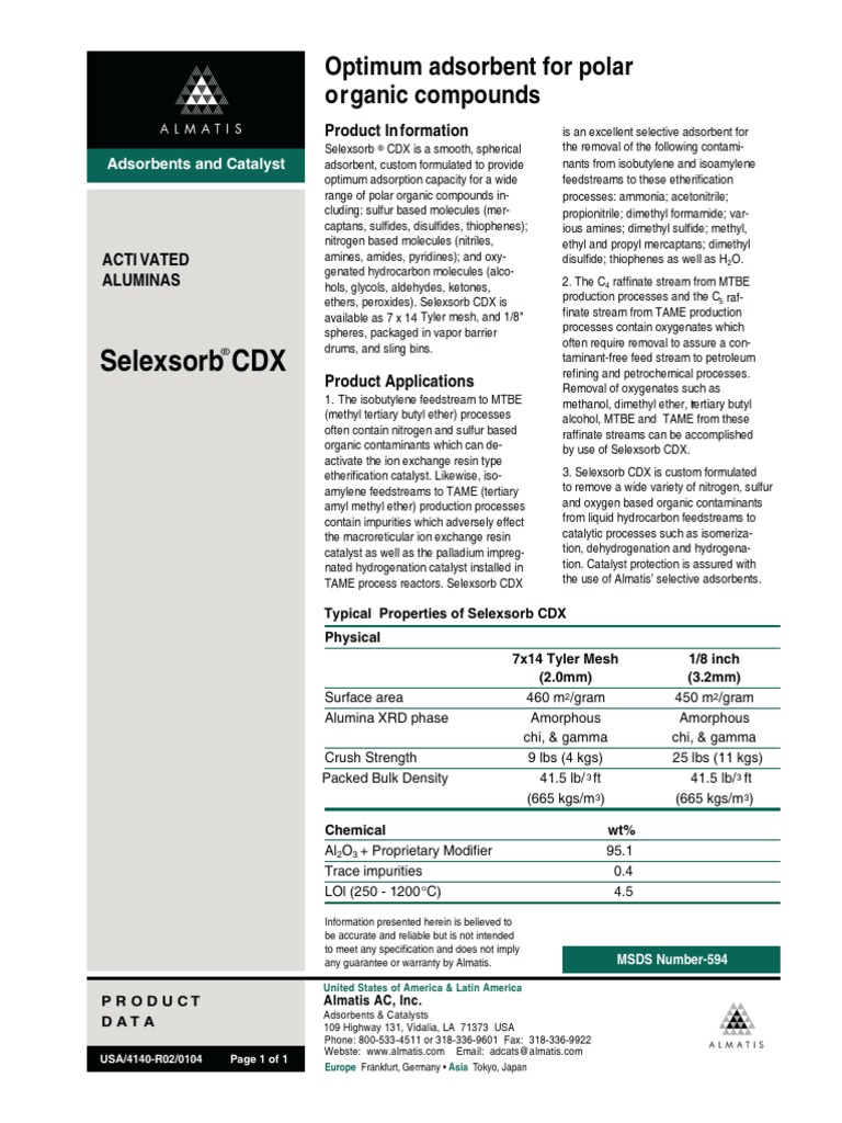 Selexsorb CDX Data Sheet | PDF | Amine | Ether
